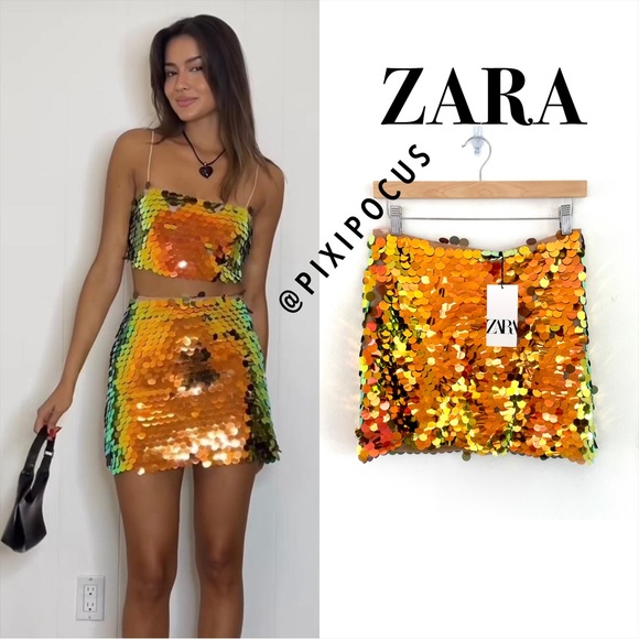 Zara | Skirts | Zara Mirrored Sequin Skirt Duo Chrome | Poshmark
